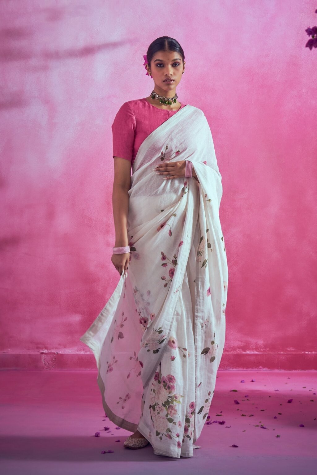 French Rose Printed Linen Sari – Anavila