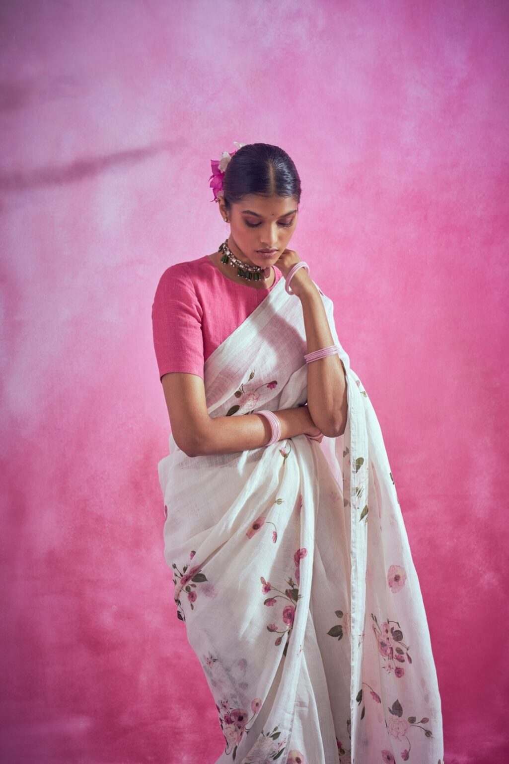French Rose Printed Linen Sari – Anavila