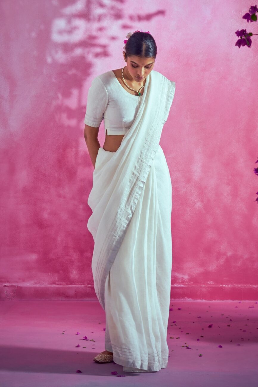 Silver Border Ivory Sari – Anavila