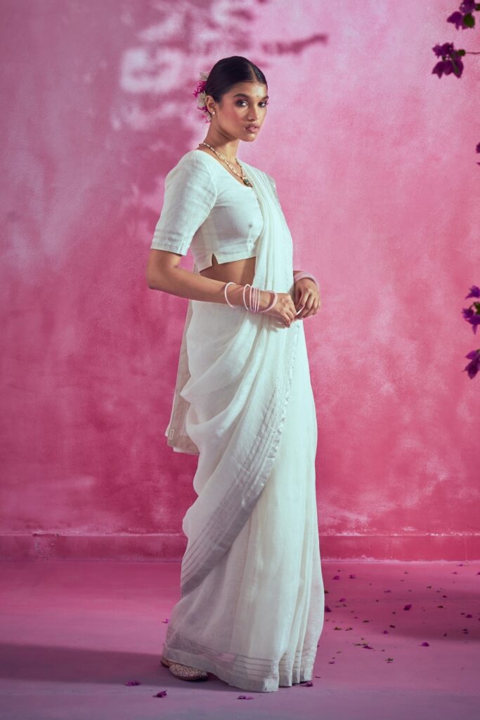 Silver Border Ivory Sari – Anavila