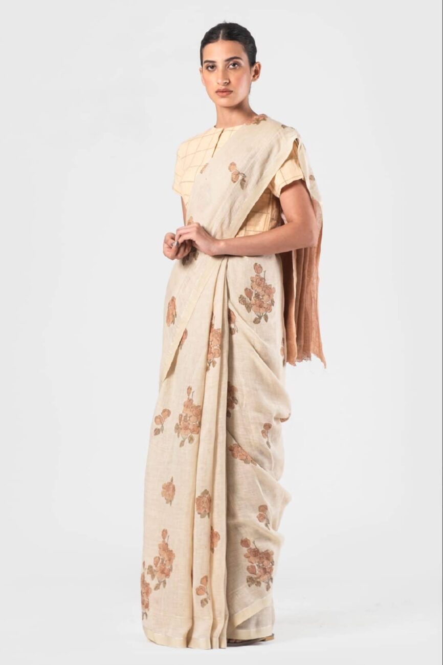 Blush Floral Block Printed Sari – Anavila