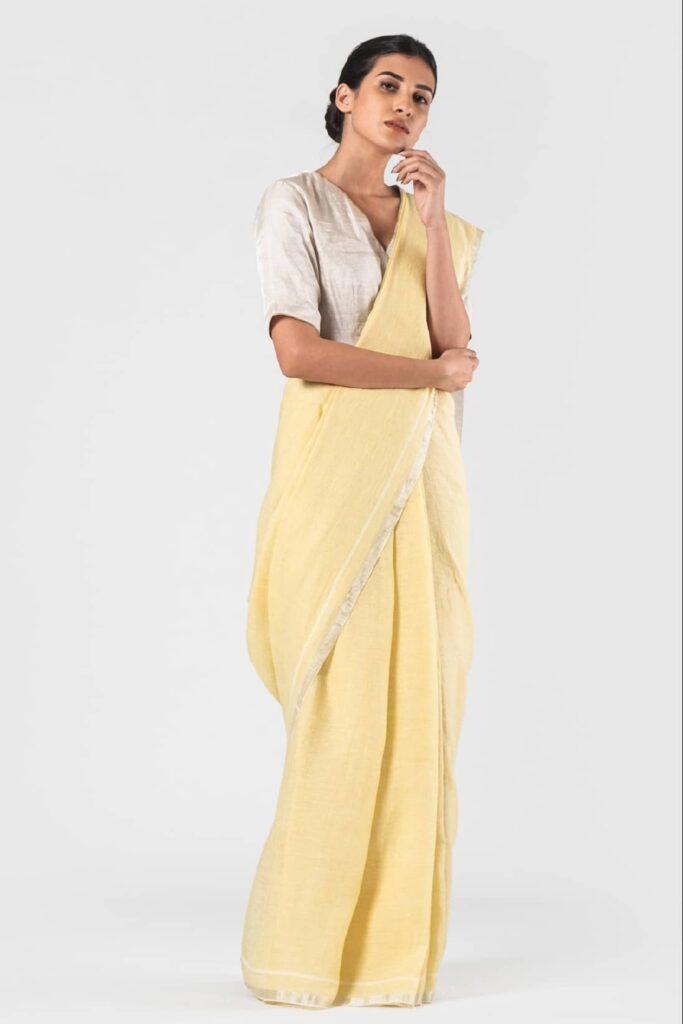 Canary Yellow Linen Soft Checkered Sari – Anavila