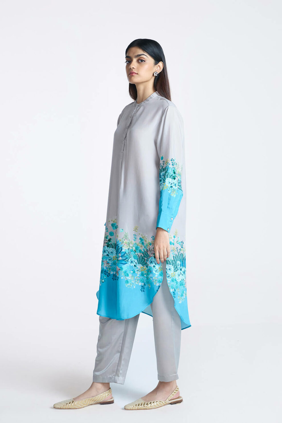 Ash Grey Shadow Print Silk Kameez Set – Anavila
