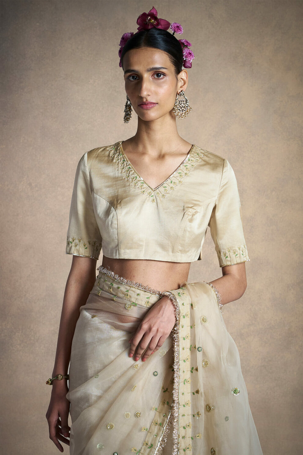 Beige Embroidered Satin Blouse – Anavila