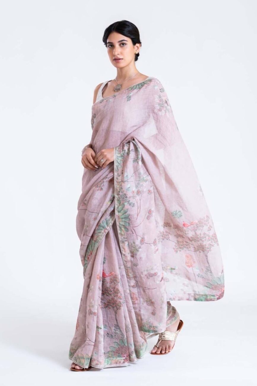 Blush Vann Printed Handwoven Linen Sari – Anavila