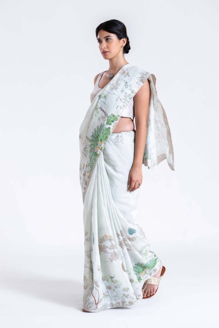Green Vann Printed Handwoven Linen Sari – Anavila