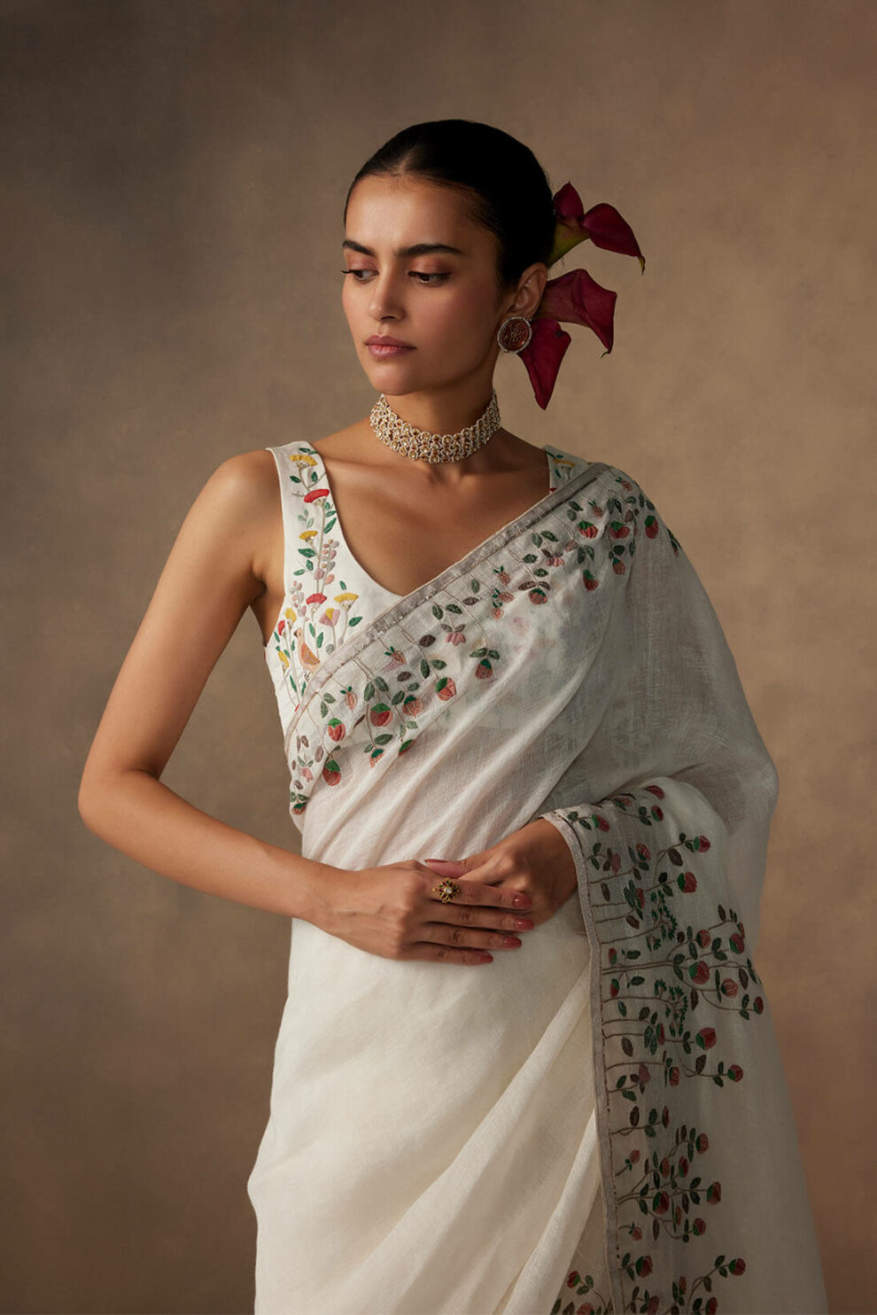 Ivory Linen Applique Sari – Anavila