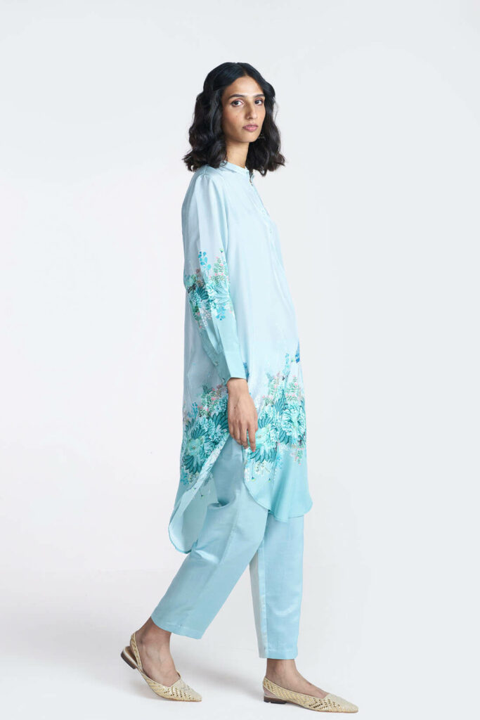 Turquoise Shadow Print Silk Kameez Set – Anavila