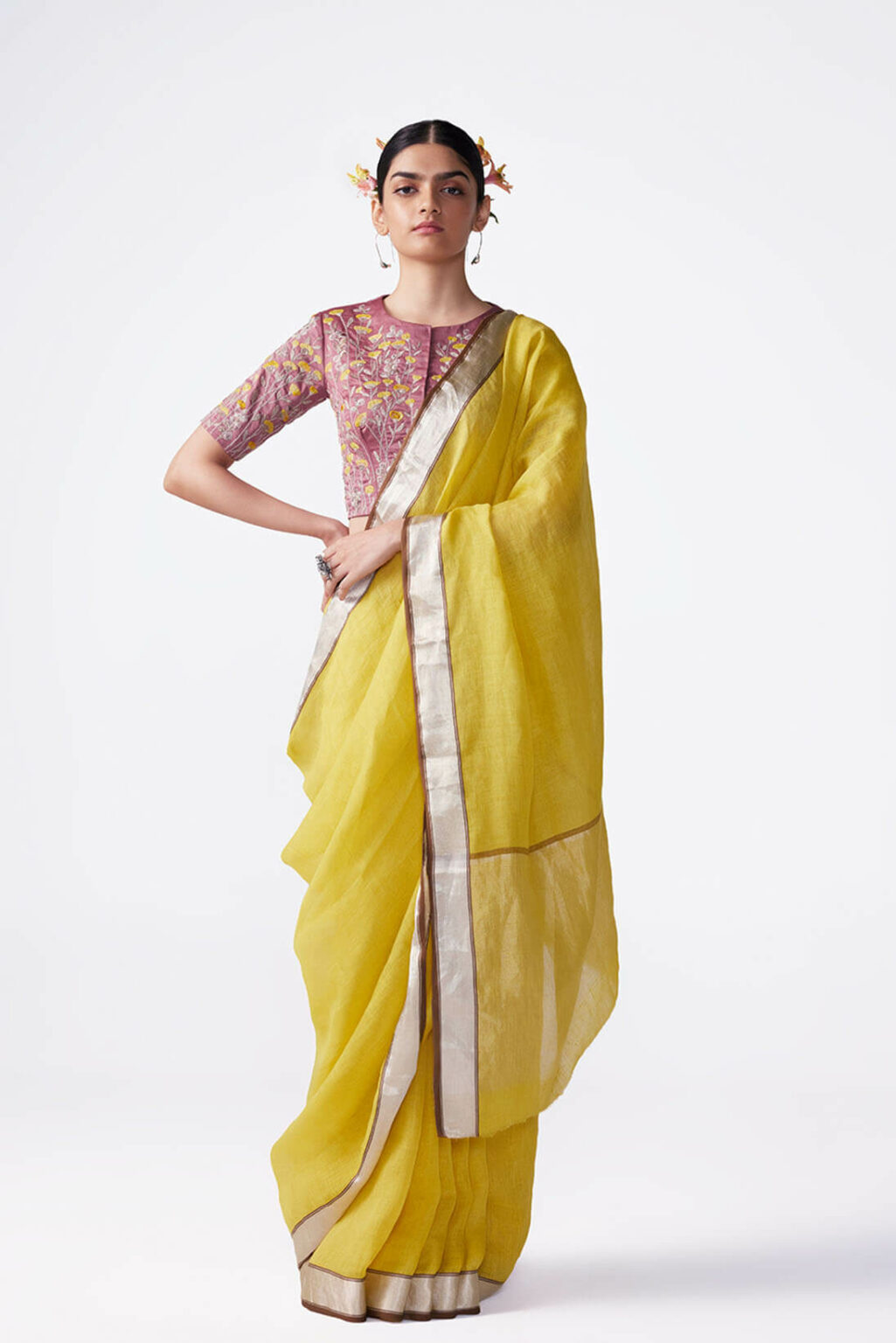 Yellow Satin Border Festive Sari – Anavila