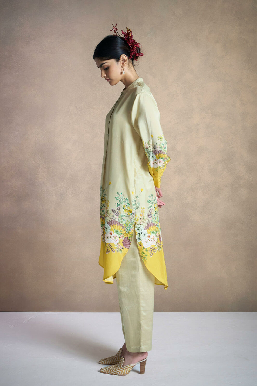 Yellow Shadow Print Silk Kameez Set – Anavila